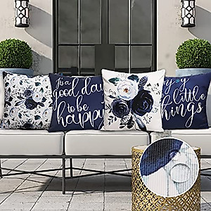 Merrycolor Set of 4 Outdoor/Indoor Pillow Covers 18x18 Waterproof Navy Blue and White Floral Decorative Pillow Covers Outdoor Pillows for Patio Furniture