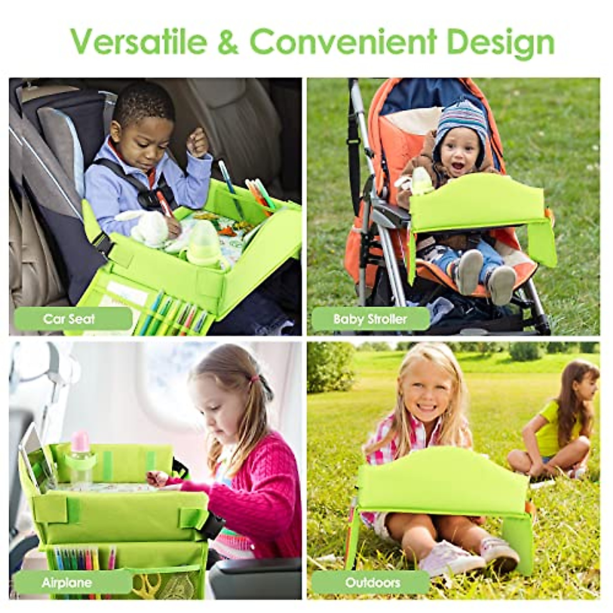 Zooawa Kids Travel Tray, Car Seat Tray for Kids Toddlers Car Seat, Toddler Car Seat Lap Tray, Road Trip Essentials Activity Table, Carseat Table Tray for 36M+ Kids Road Trip Activities, Green