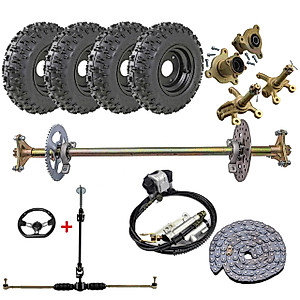YC Yier 29" Go Kart Rear Live Axle Kit, 6" Complete Wheels Tires, T8F Sprocket, 3 Stud Hubs, Brake, Front Steering Wheel Gear Rack Shaft Assembly for DIY Drift Trike Parts ATV Quad Buggy Tricycle