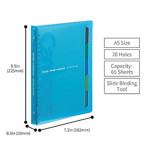 Kokuyo Campus Slide Binder with 5 Tab Dividers, Slim Type, A5, 20 Holes, Up to 65 Sheets, 3 Colors of Blue, Pink & Transparent, Japan Import (RU-P133)