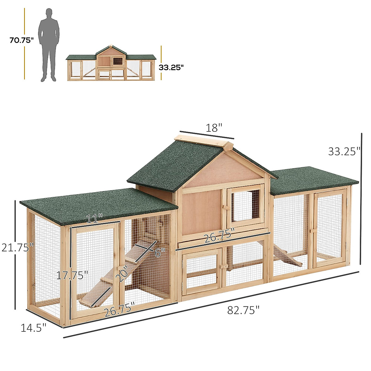PawHut 83" L Outdoor Rabbit Hutch, Guinea Pig Cage Indoor Outdoor Wooden Bunny Hutch with Double Runs, Weatherproof Roof, Removable Tray, Ramps, Natural