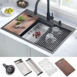30 Black Drop in Kitchen Sink Workstation- Hovheir 30x22 Topmount Drop In Kitchen Sink Matte Black Stainless Steel Sink Handmade Sink Double Ledges Workstation Sink 16 Gauge Single Basin Kitchen Sink