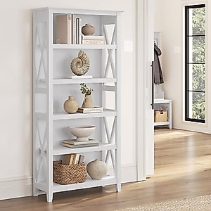 Bush Furniture Key West Bookcase Shelf Open Bookcase in Pure White Oak Farmhouse Display Cabinet for Library, Bedroom, Living Room, Office Tall Accent Cabinet