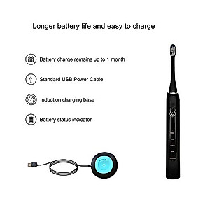 Over The Sea Sonic Bluetooth Rechargeable Electric Toothbrush – 5 Modes – App Control – Smart Timer – Wireless Charging – Portable Power Toothbrush – 2 Replacement Dupont Brush Heads (Black)