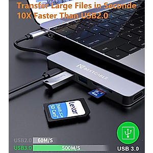 BEST CABLE USB C Hub Multiport Adapter - 6 in 1 Portable with 4K HDMI Output, 2* USB 3.0 Ports, SD/TF Card Reader,USB C 100W PD, Compatible with MacBook Pro, XPS More USB C Devices