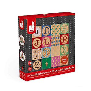 Janod Kubix 16 Wooden Alphabet and Numbers Blocks - Ages 2+ - J08078