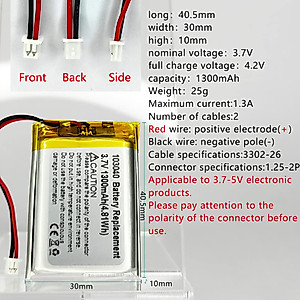 HXJNLDC DC 3.7V 1300mAh 103040 Rechargeable Lithium Polymer Replacement Battery for DIY 3.7-5V Electronic Product