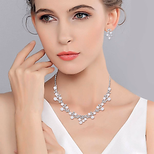 EVER FAITH Women's 1920s Vintage Victorian Jewelry, White Simulated Pearl Vine Leaf Bowknot Wedding Bridal Necklace Earrings Set for Bride, Bridesmaids Silver-Tone