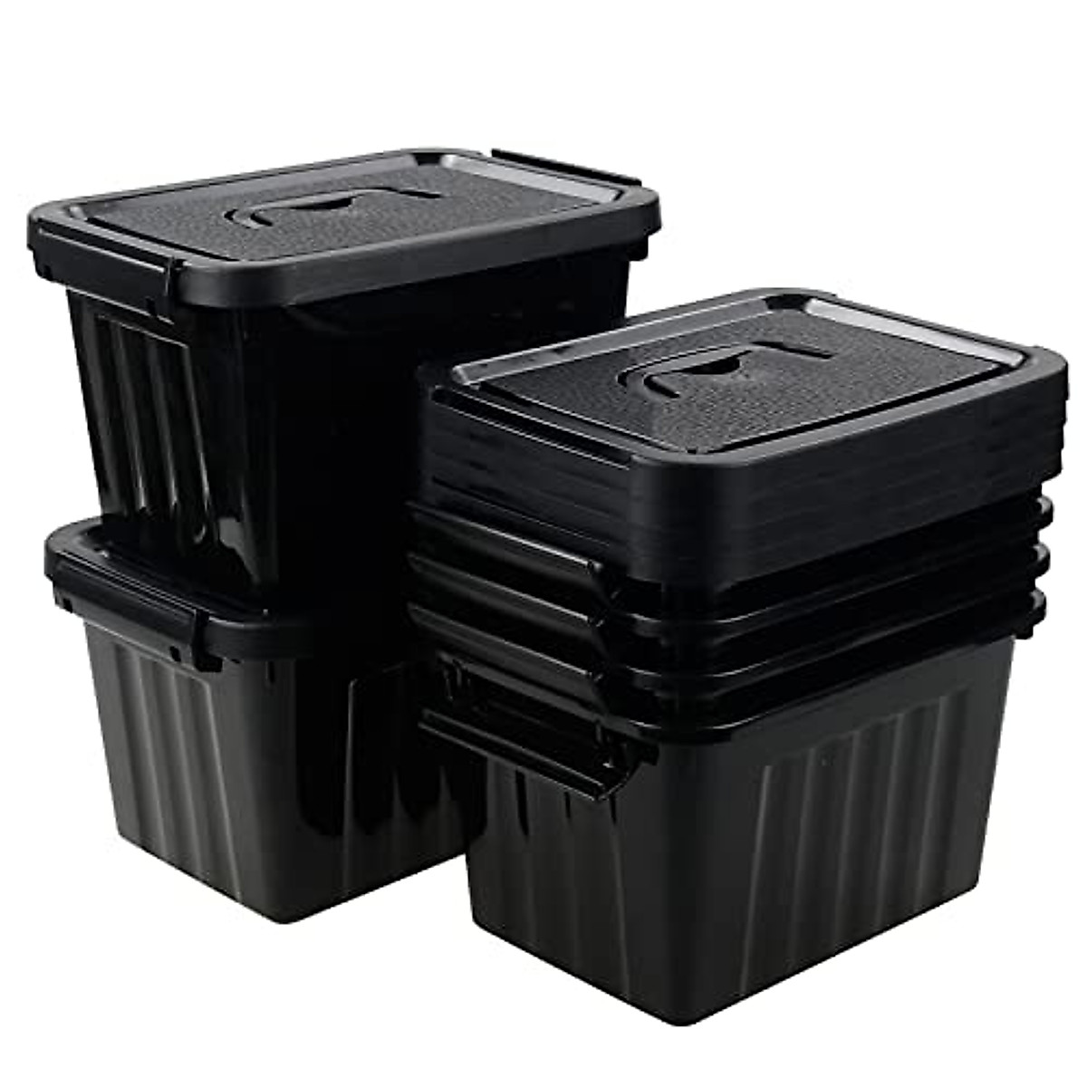 Tyminin Black Plastic Storage Bin with Clear Lid and Grey Handle, 6 Packs