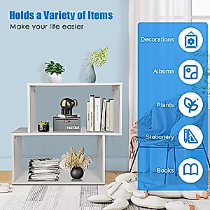 Giantex 3-Tier Geometric Bookshelf White, 28’’ Tall Wood S-Shaped Display Shelves, Freestanding Open Shelves Nightstand, Floor Standing Display Shelf Bookcase for Living Room, Bedroom