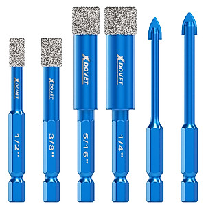 XDOVET Dry Diamond Drill Bit Sets Hex Shank 6Pcs 1/2" to 1/4" Core Drill Bits for Granite Marble Porcelain Glass Lenses Tile etc