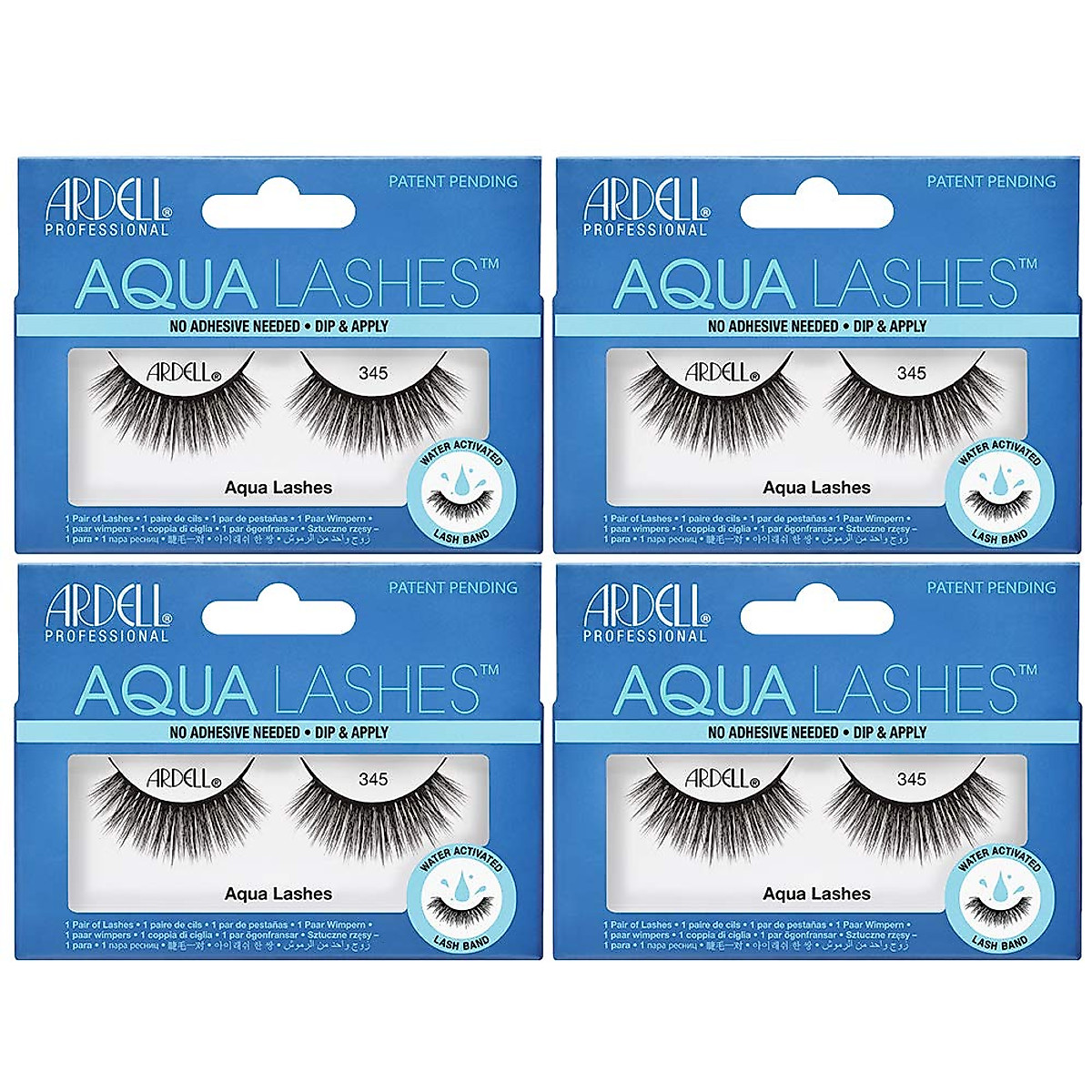 Ardell Aqua False Strip Lashes 345, Water Activated Fake Lashes, Eye Makeup Enhancement, No Lash Glue Required, 4 Pack