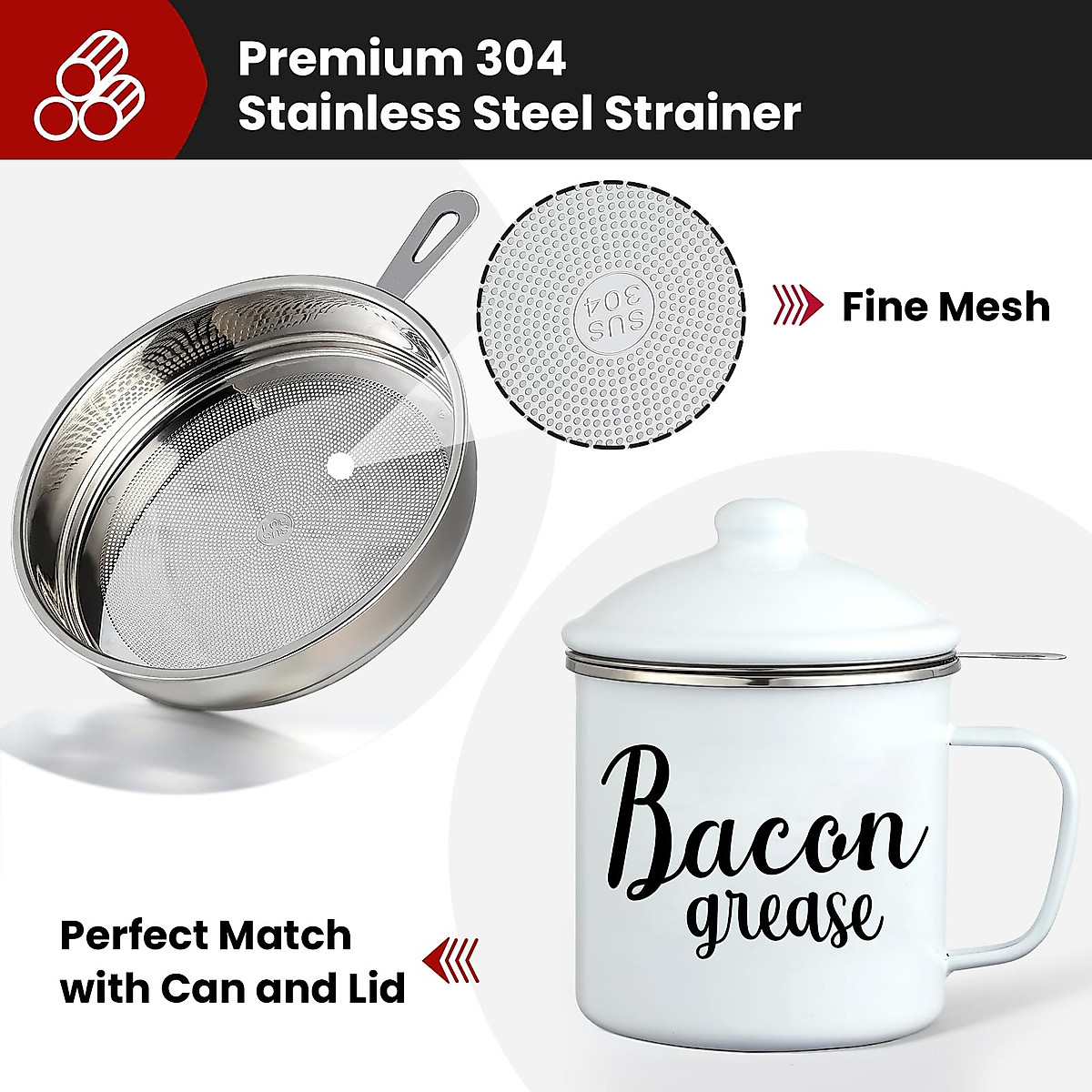 VITEVER 46OZ LARGE Bacon Grease Saver with Fine Mesh Strainer & Handle - Enamel Oil Keeper Container, Bacon Fat Dripping Can - Farmhouse Kitchen Gift & Decor Cooking Accessories - White, Style 3