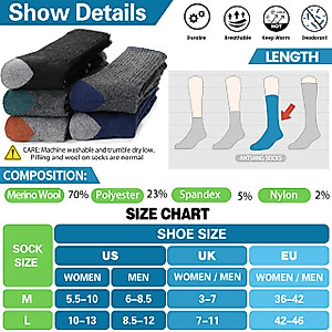 ANTSANG Merino Wool Socks for Men & Women Thermal Winter Hiking Warm Thick Athletic Crew Cozy Boot Work Gift Socks Stocking Stuffers 5 Pairs (Orange/Green/Blue/Black/Dark Grey A,L)