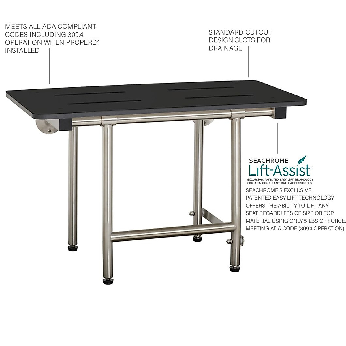 32-inch x 15-inch ADA Bariatric Folding Wall Mount Bathroom Shower Seat Bench with Legs, Matte Black Phenolic Seat