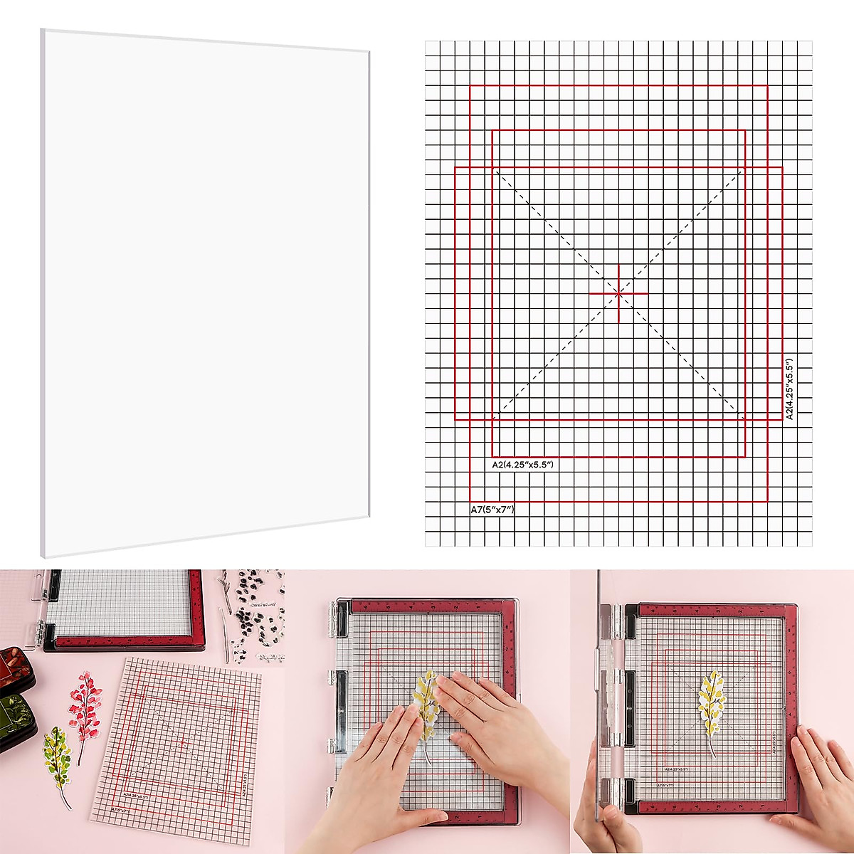 Briartw 6.5x8.5 Grip Mat with Printed Guides,Multi-Use Non-Slip Sticky Mats Fit in original-size Stamp Positioning Tool,Photopolymer Mat for Centering & Aligning Tape-free Stenciling Ink Blending