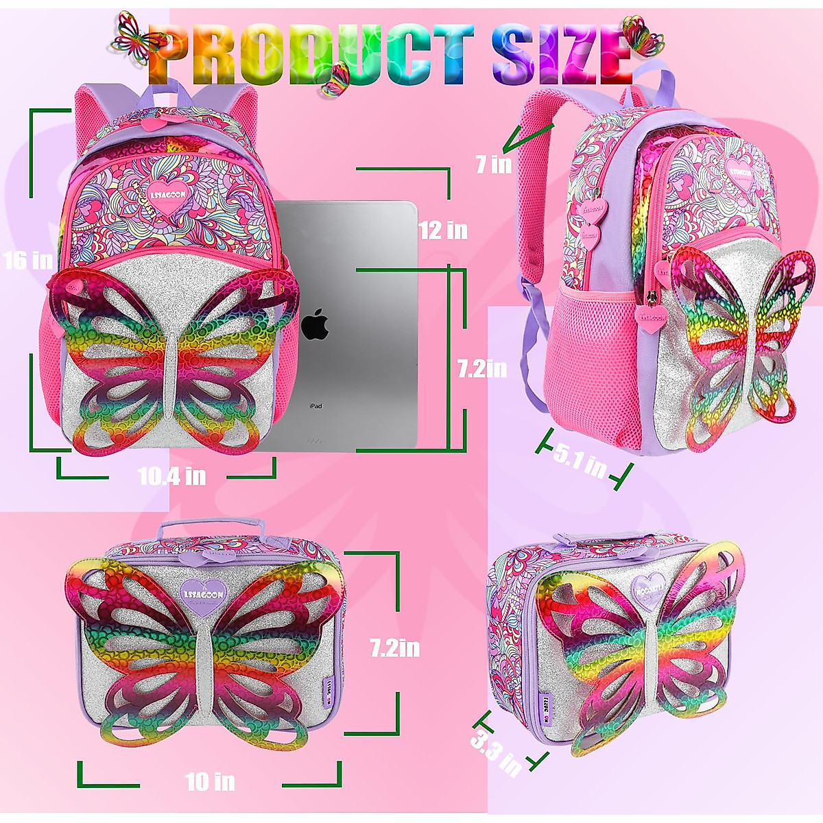 LSSAGOON Butterfly Wings Sequins Backpack with Lunch Bag for Girls Kids Teenage,Lightweight School Bag Set for Elementary Preschool Bookbag, Casual Rucksack for Travel Gift