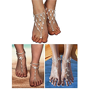 Hicarer 6 Pieces Foot Jewelry Barefoot Sandals for Women Rhinestone Anklets Bohemian Foot Chain for Beach Wedding Valentine's Day