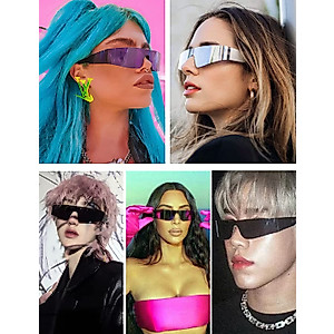 MASDUN Trendy Rimless Futuristic Wrap Around Sunglasses Women Men,Cyberpunk Visor Sunglasses Shades Fashion Eyeglasses (Black/Silver/Blue)