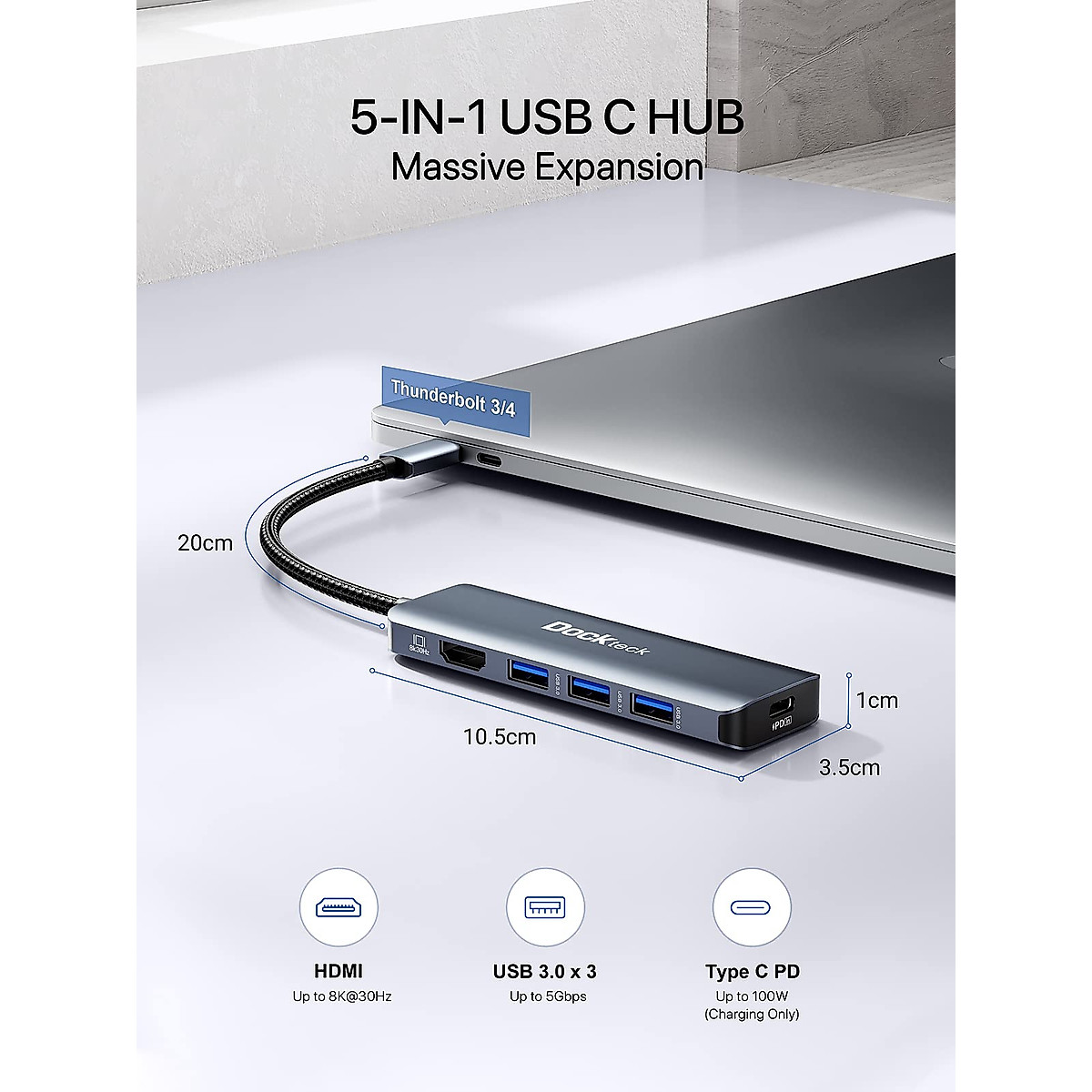 8K HDMI USB C HUB, 5-in-1 USB-C Multiport Adapter, Dockteck USB Dock Dongle with 8K 30Hz/4K 120Hz/4K 60Hz HDMI, 100W PD, 3 x USB 3.0 for Steam Deck, MacBook Pro/Air M1, iPad Pro/Air, Surface Pro 7/8/X