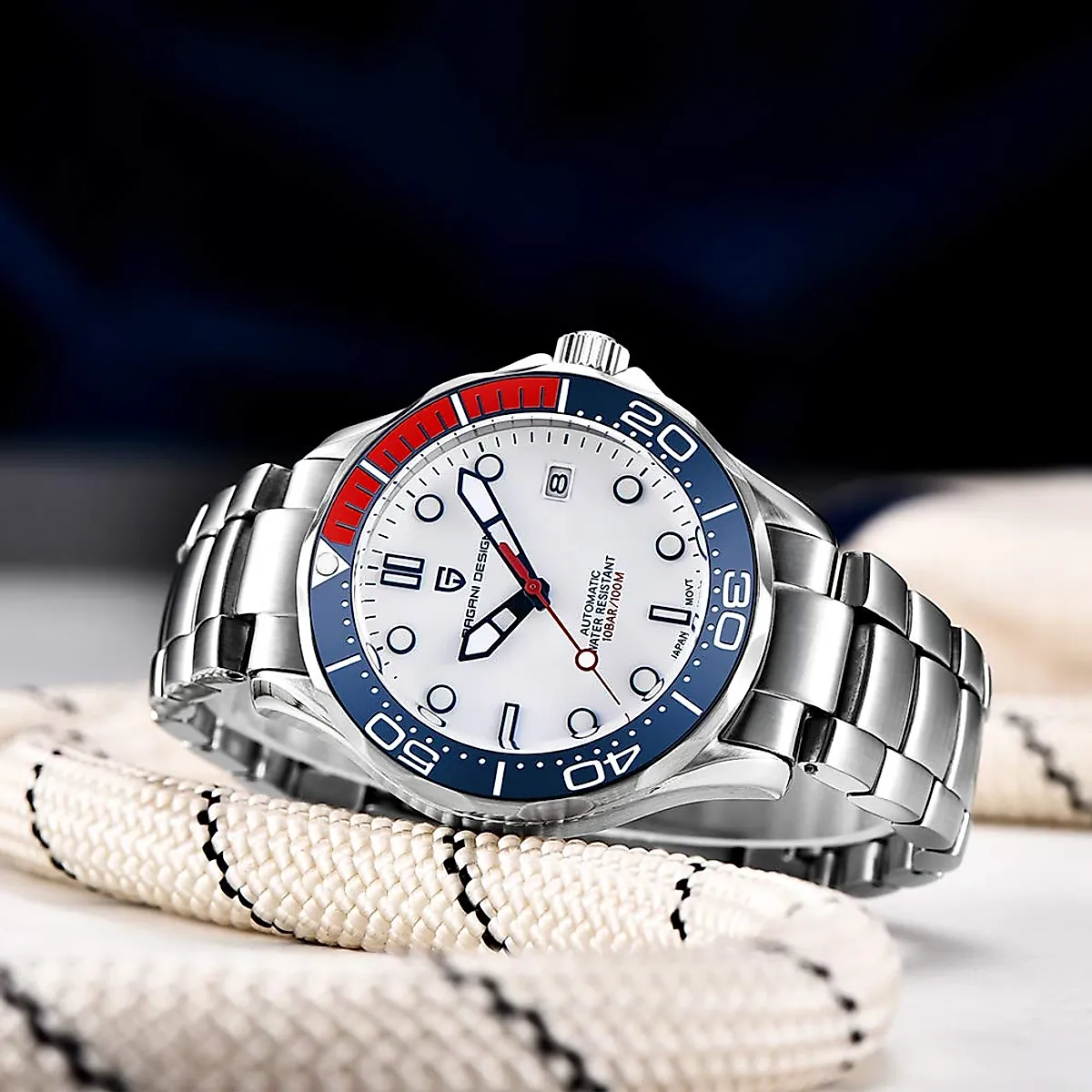 Pagani Design 007-Model Automatic Diving Watches for Men NH35 Movement, Stainless Steel Materials, Rotating Ceramic Bezel, Sapphire Domed Mirror, 100M Waterproof Mechancial Self Winding Wrist Watch