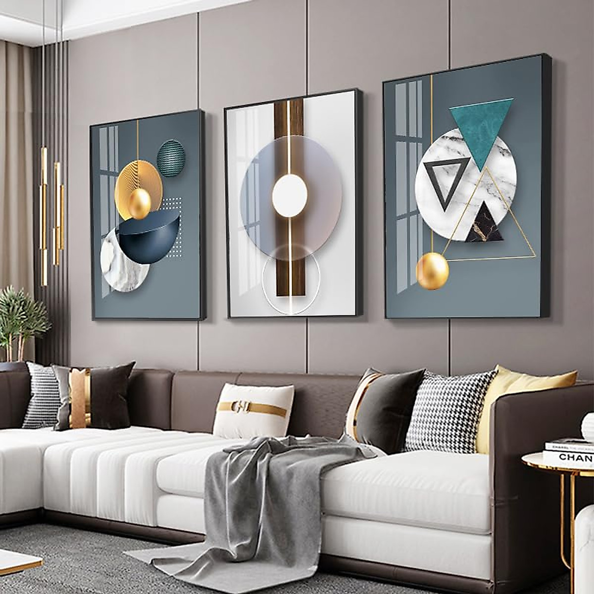 ARTKN 3 Pieces Framed Abstract Geometric Wall Art, Art Shapes Patterns Paintings, Modern Wall Decor Artwork, Large Wall Art for Living Room Bedroom Office(Blue, 16" X 24" X 3 pieces)