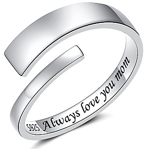 SOLOLIKE Mother's Day Jewelry Gifts from Daughter Sterling Silver Mom Ring - Always Love You Mom Inspirational Jewelry Adjustable Wrap Open Rings for Women Personality Love Gift for Women Mom