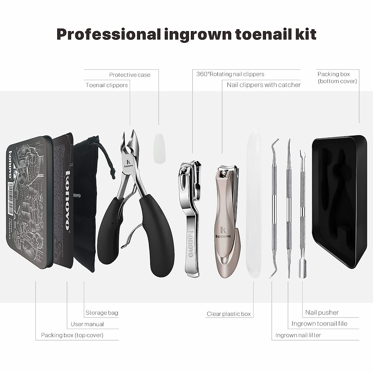 Toenail Clippers for Seniors Thick Toenails, Toe Nail Clippers Adult Thick Nails Long Handle, Heavy Duty Nail Clippers Kit 6Pcs Black