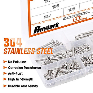 Rustark 150Pcs M5 304 Stainless Steel Round Pan Head Phillips Cross Screws Drive Self-Drilling Screws Assortment Kit