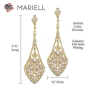 Mariell Gold Dangle Bridal Earrings, Dramatic 2 ¾" Length, Perfect Jewelry for Brides, Bridesmaid, Prom and Homecoming, Romantic Jewelry Gift For Women