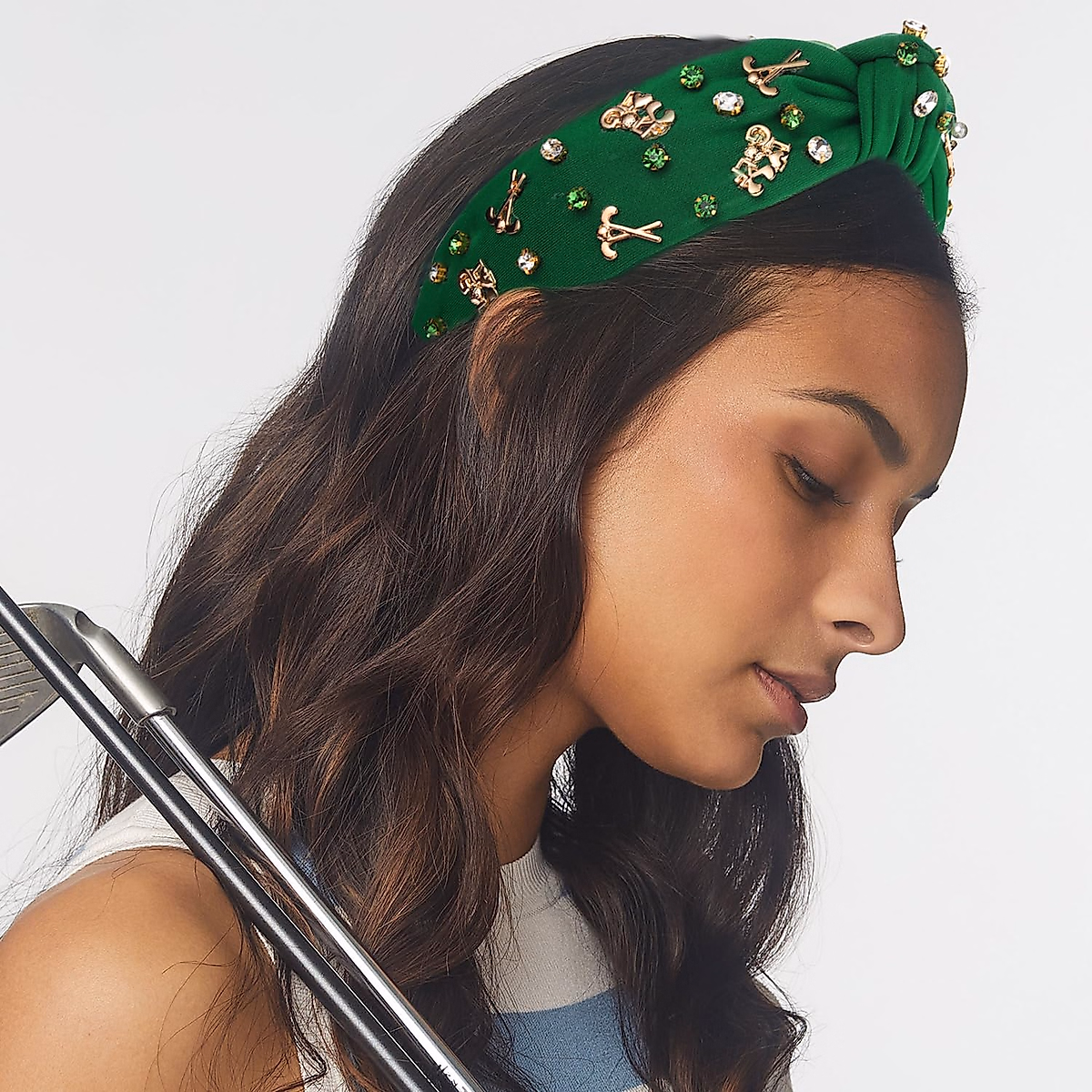 Golf Knotted Headband for Women Sports White Pearl Rhinestone Jeweled Wide Knot Headband Fun Golf Charms Twist Headpiece Game Day Hair Accessories Gift (green golf headband)