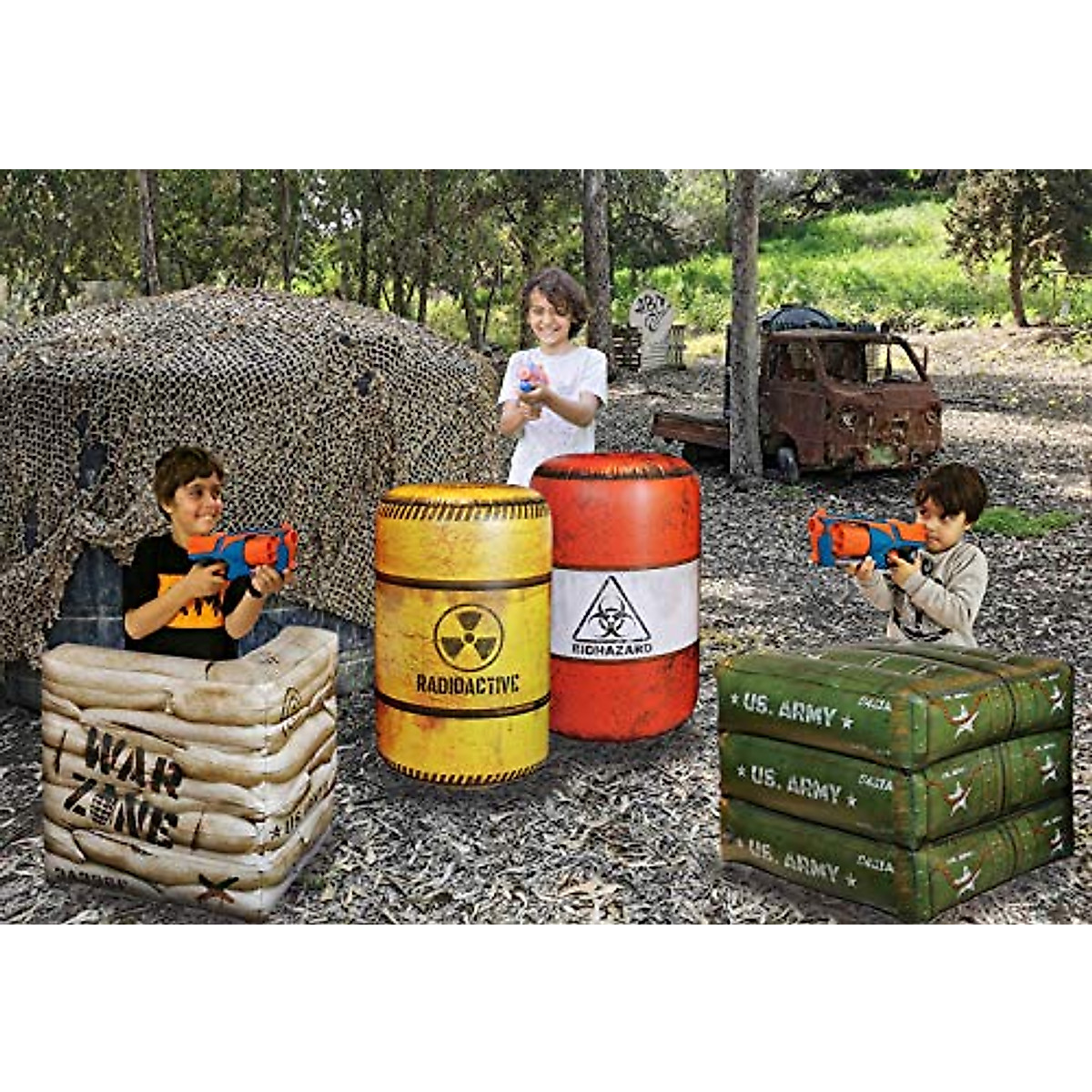 Pack of 4 Combat Battlefield Inflatables + Pack of 2 Barrels Inflatable Compatible with Nerf. Laser Tag Warzone