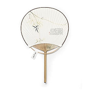 PHONME Handmade Art Round Fan New Chinese Flower Fan Summer Bamboo Fan Paper Round Fan Art Gift Vintage Style