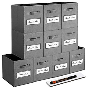 artsdi Set of 10 Storage Cubes, Foldable Fabric Cube Storage Bins with 10 Labels Window Cards & a Pen, Collapsible Cloth Baskets Containers for Shelves, Closet Organizers Box for Home & Office,Gray