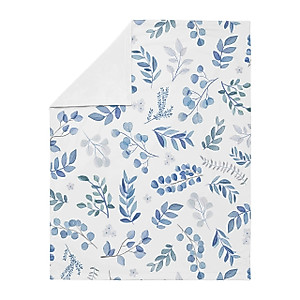 Sweet Jojo Designs Floral Leaf Baby Boy Girl Blanket Receiving Security Swaddle Newborn Toddler Nursery Stroller Soft Minky - Blue Grey White Boho Watercolor Botanical Flower Woodland Tropical Garden