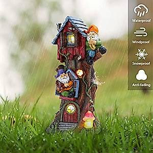 TERESA'S COLLECTIONS 14.8 Inch Tall Large Garden Gnome Statues with Solar Lights, Funny Garden Sculptures Treehouse Figurines Resin Lawn Ornaments for Outside Outdoor Patio Yard Decoration
