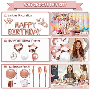 Guudmua 285 Pcs Rose Gold Party Decorations, Birthday Decorations For Women Or Girl - Knives, Forks and Spoons, Tiara, Butterfly, Sash, Paper Pom Poms, Balloon Stand, Tableware For 25 Guests