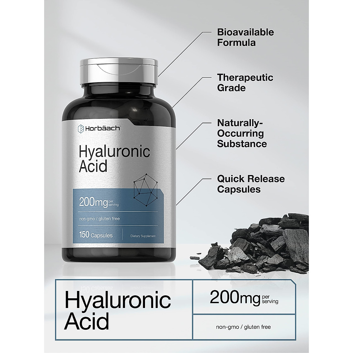 Hyaluronic Acid Supplement | 200 mg | 150 Capsules | Non-GMO and Gluten Free Supplement | by Horbaach