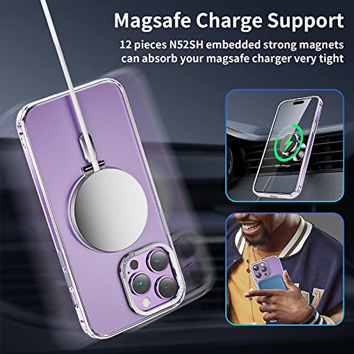 niufoey Magnetic Case for iPhone 14 Pro Max Clear Case with Invisible Stand,[Compatible with Mag Safe][Translucent Matte Case][Tempered Glass Screen Protector+Camera Lens Protector] 6.7 Inch, Clear