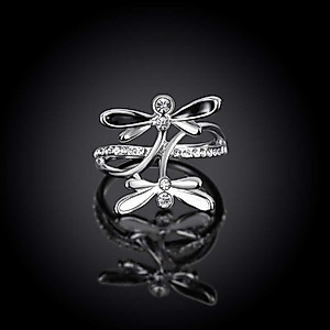 18K Rose Gold Platinum Plated Ring Black AAA Zirconia Women Dragonfly B164 (Platinum Plated, 7)