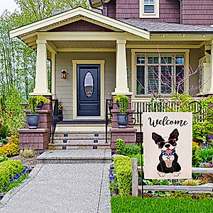 Ogiselestyle Welcome Garden Flag Double Sided Cute Boston Terrier Celebrating Yard Outdoor Flag 12 x 18 Inch
