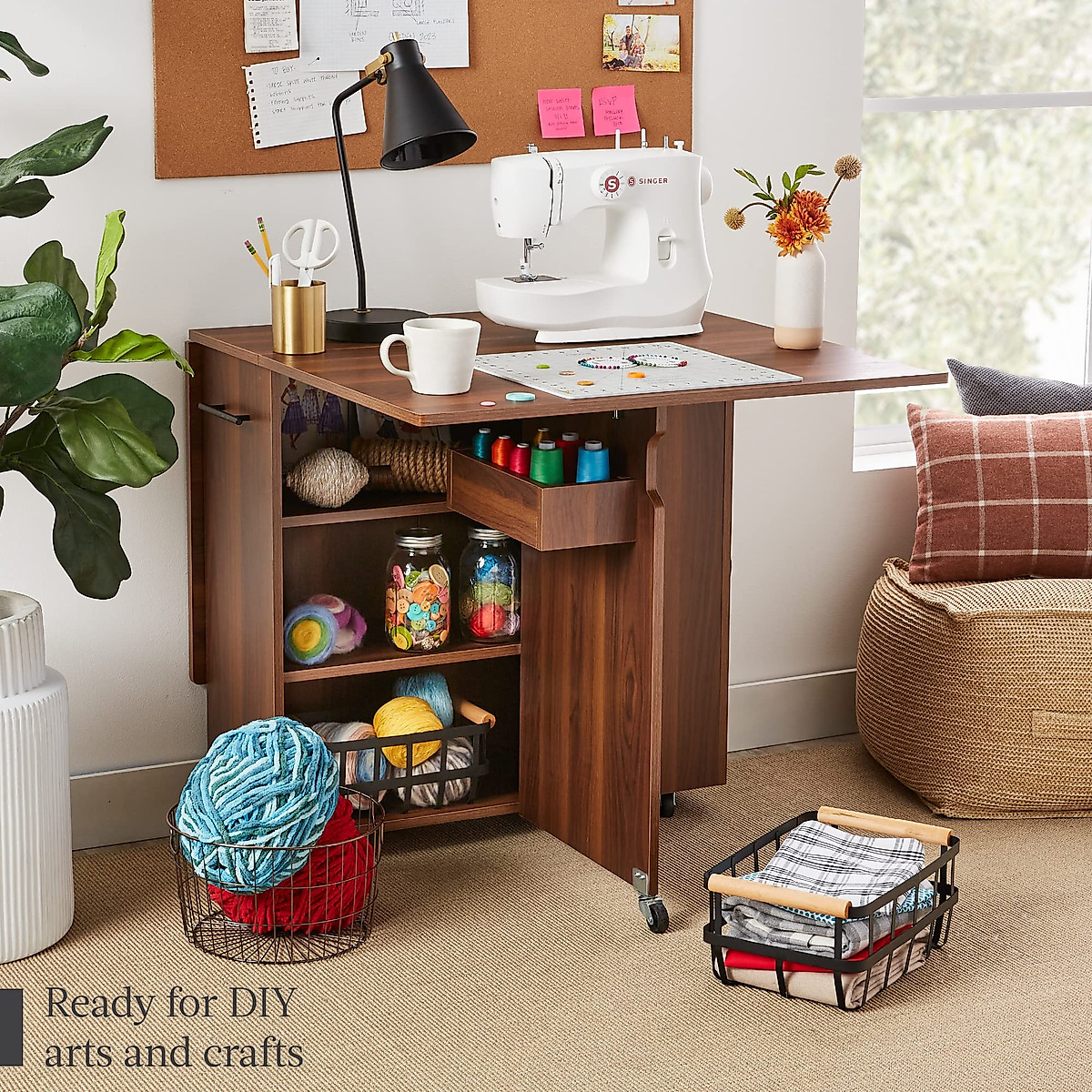 Best Choice Products Folding Dining Table, Multipurpose Space Saving Collapsible Drop Leaf Extension Desk w/Wheels, 3 Storage Shelves - Brown