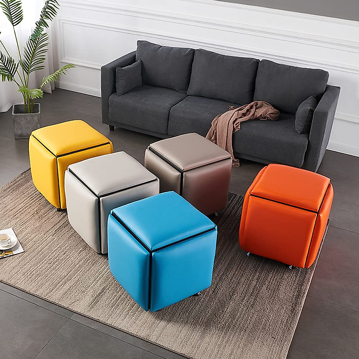 WAYUTO 5 in 1 PU Leather Seating Cube with Swivel Casters Stackable Sofa Chair Stool Nesting Ottoman Stool Movable Footstool Dressing Chair for Living Room Bedroom(Gray,Large)