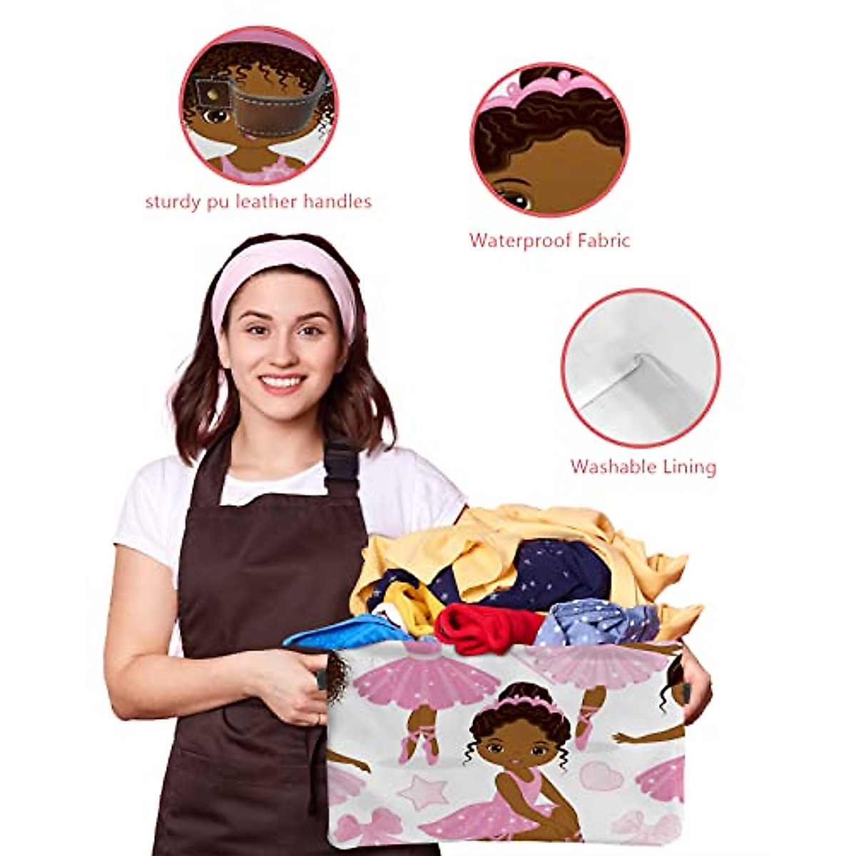 Storage Basket Pink Ballet Girl Storage Bin with Handles, Cute Princess Africa American Dancer Collapsible Organizer Storage Cubes Bins for Closet, Laundry Clothes, Bathroom, Nursery Toys