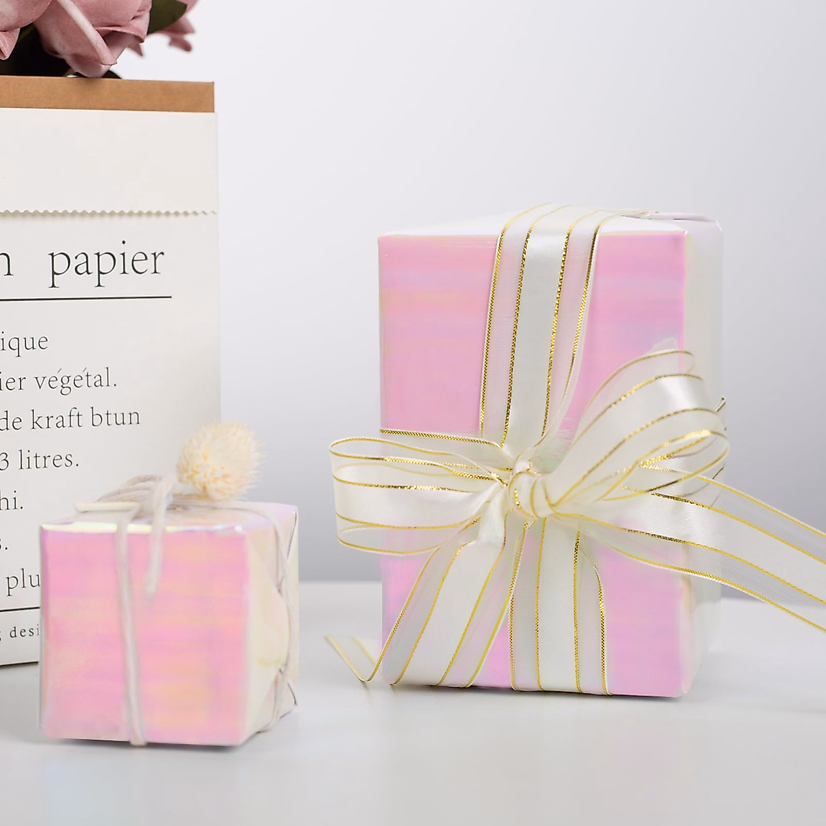 Metallic Iridescent Wrapping Paper - 17Inch x 33Feet - Girly Pink Iridescence Holographic Pattern Girls Fairy Gift Wrap Present Paper for Birthday Wedding Bridal Shower Valentine's Day Mother's Day