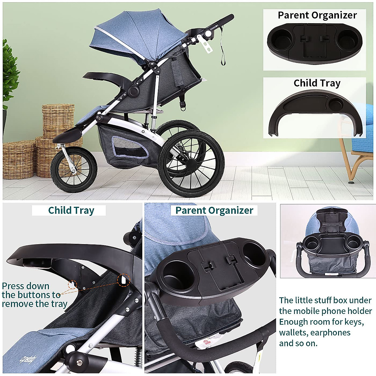 Baby Jogging Stroller for Toddler Kids Compact Single City Jogger Strollers All Terrain Jog 3 Wheels Pushchair Expedition with Parent Console (Blue)