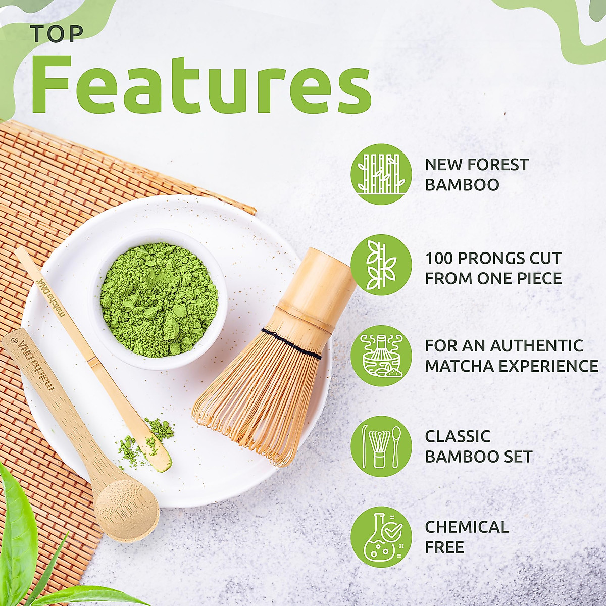 Bamboo Matcha Whisk with Bamboo Spoon and Hooked Bamboo Scoop (Chashaku) Set by MATCHA DNA - Traditional Matcha Whisk Made from Durable and Sustainable Golden Bamboo for Matcha Tea Preparation