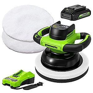 Greenworks 24V Powerful 10" Cordless Orbital Buffer, 10-inch pad 2800 RPM waxing machine with 4 Buffing Bonnets, 2.0Ah USB (Power Bank) Battery & 2A Charger included