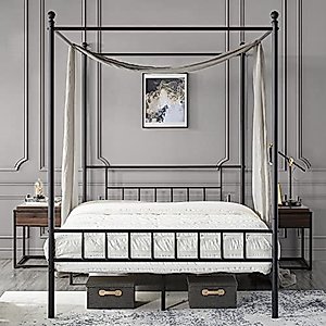 Yaheetech Metal Canopy Platform Bed Frame Four-Poster Canopied Bed Mattress Foundation with Headboard and Footboard Sturdy Slatted Structure No Box Spring Needed Easy Assembly Queen Black