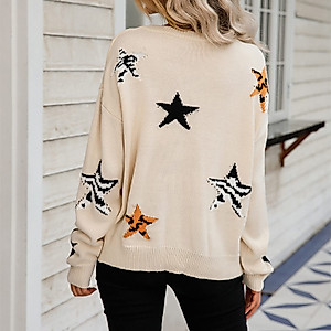 Women's Fall Tops, Chunky Sweater Women Cute Sweaters Long Sleeve Fitted for Ladies Fashion Sweater Roundneck Stars Knit Pullover Sweater Sweatshirts Cream 2022 Cowl Maternity Tops (M, Beige)